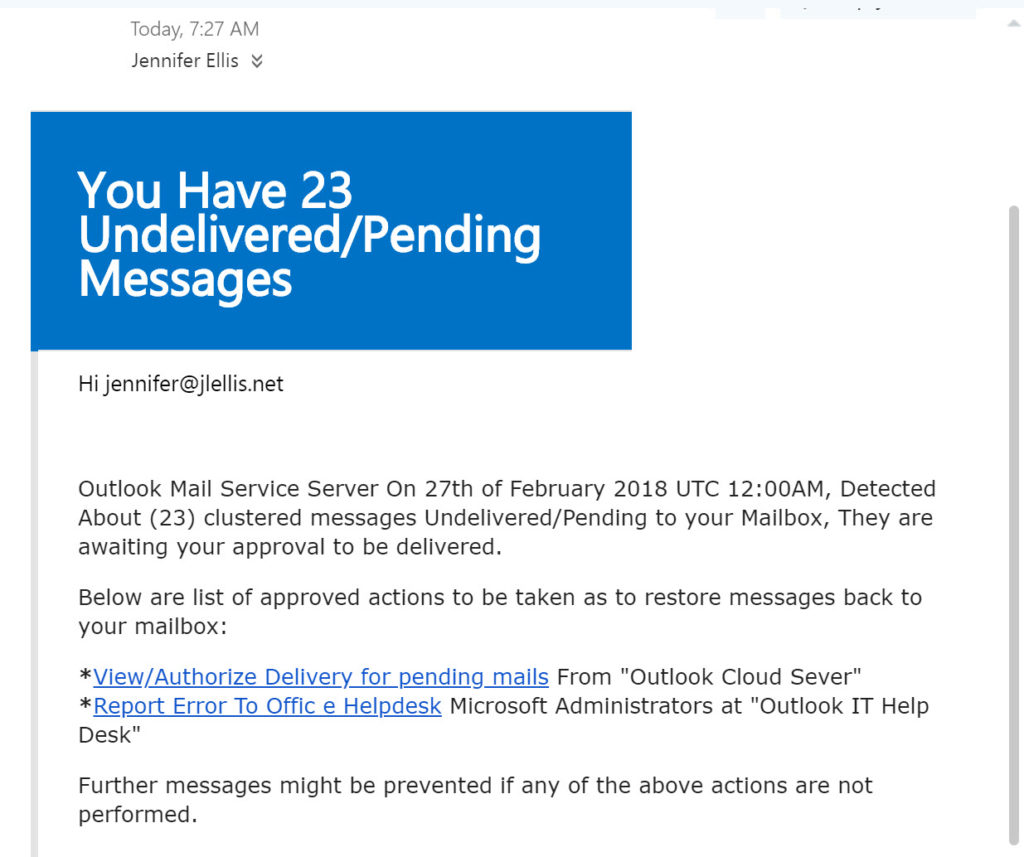 office 365 fake email - Jennifer Ellis, JD, LLC